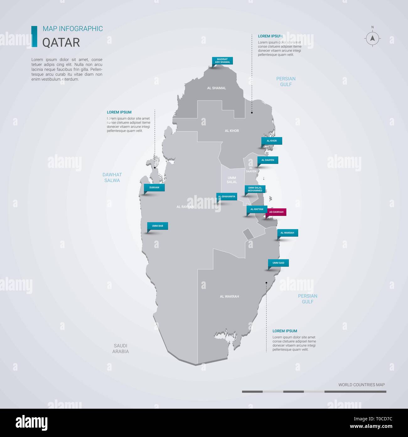 Il Qatar mappa vettoriale con elementi infografico, segni di puntatore ...