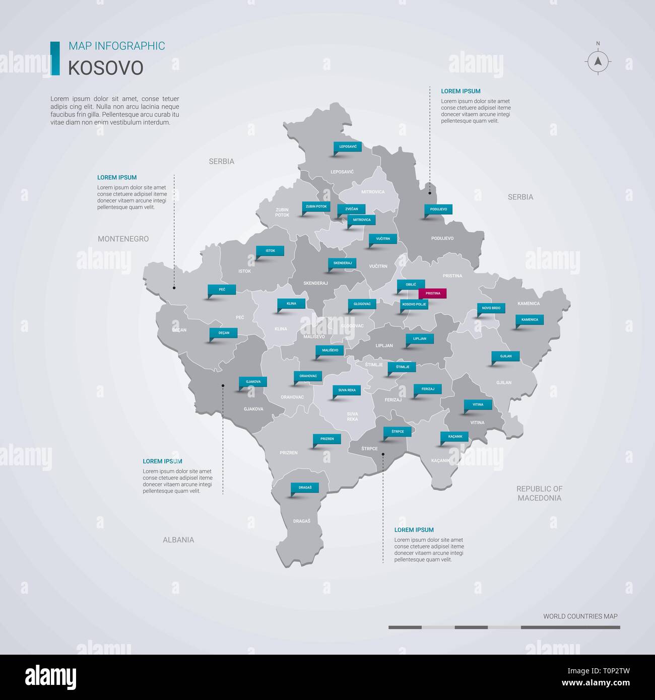 Il Kosovo mappa vettoriale con elementi infografico, segni di puntatore. Modello modificabile ...