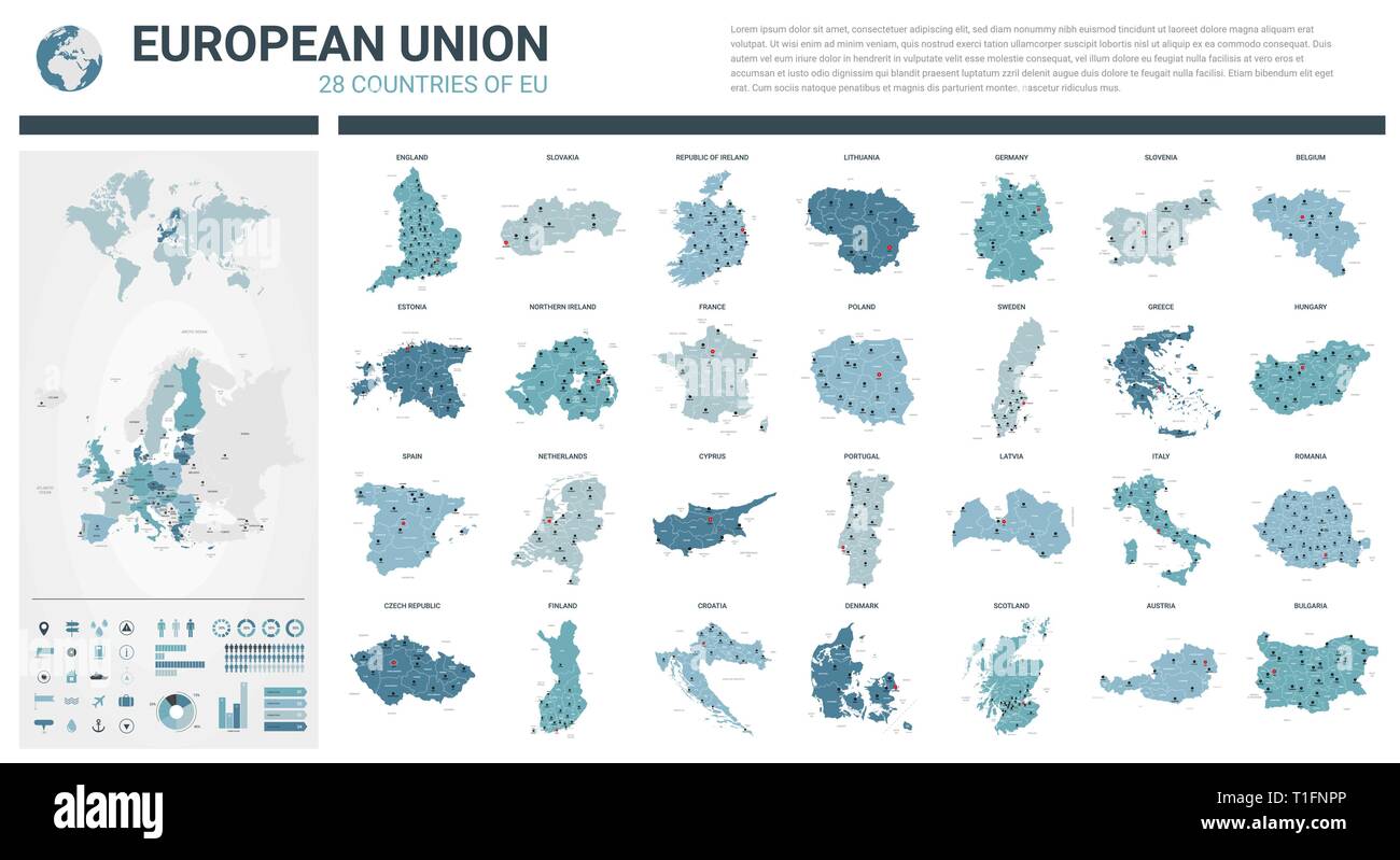 Mappe vettoriali set. Alta 28 dettagliate mappe di paesi dell' Unione ...