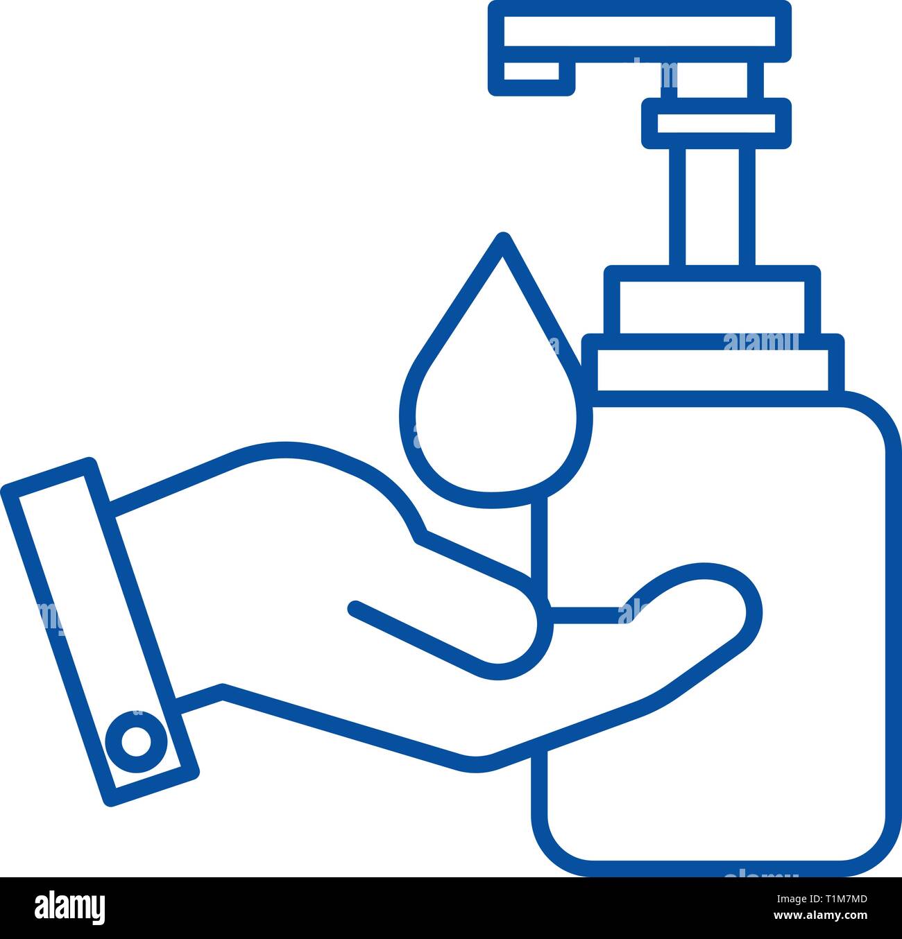 Sapone liquido con mano icona linea concept. Sapone liquido con lato ...