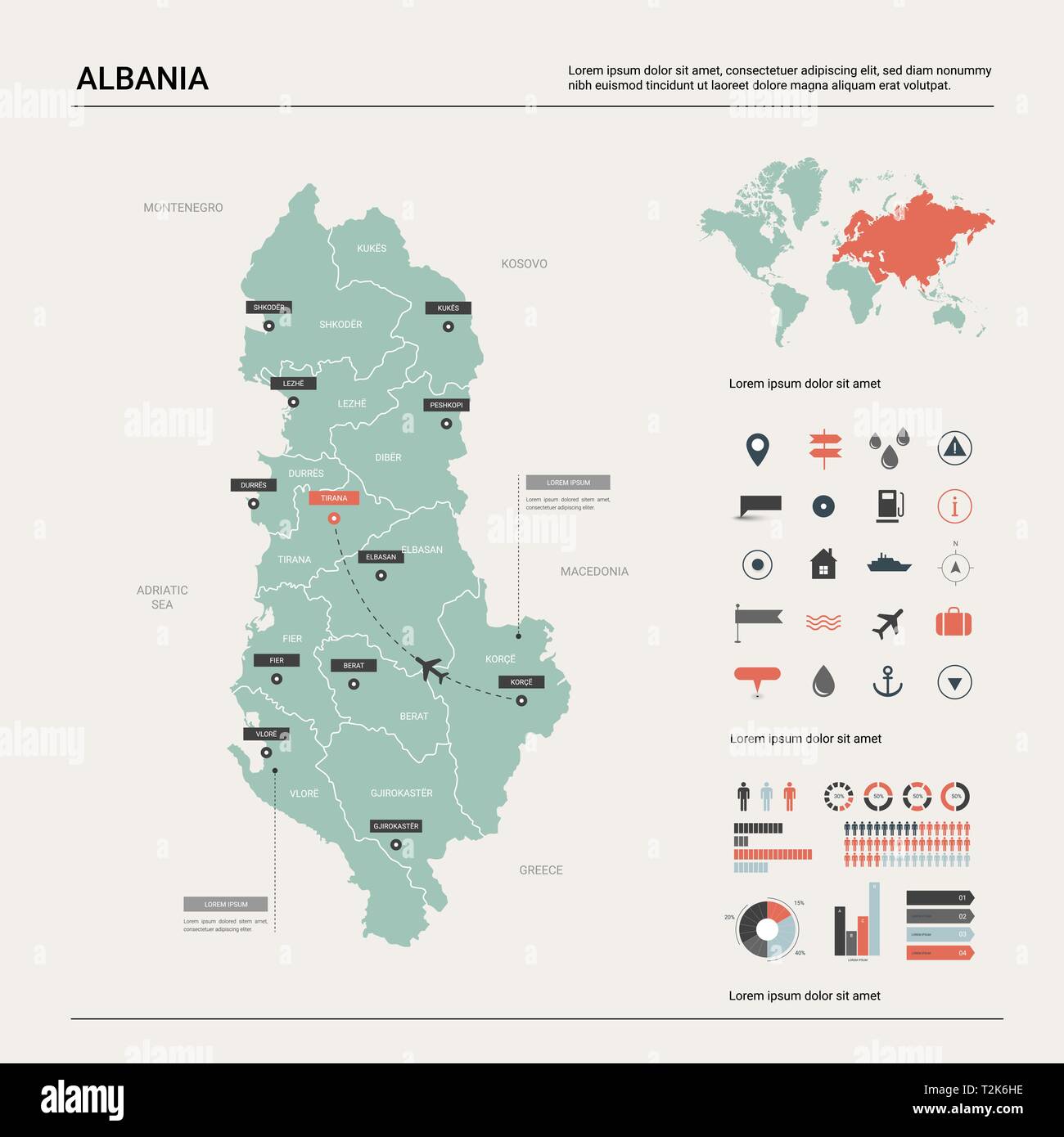 Mappa vettoriale di Albania . Alta dettagliata mappa del paese con la ...