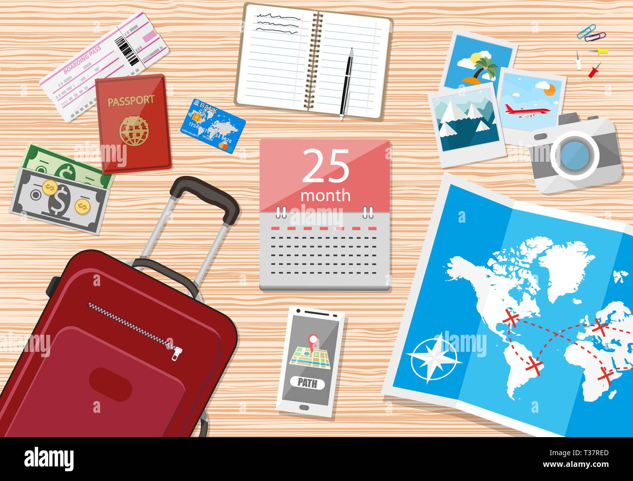 Viaggiatori in legno Tabella, Carta mappa del mondo ed attrezzature ...