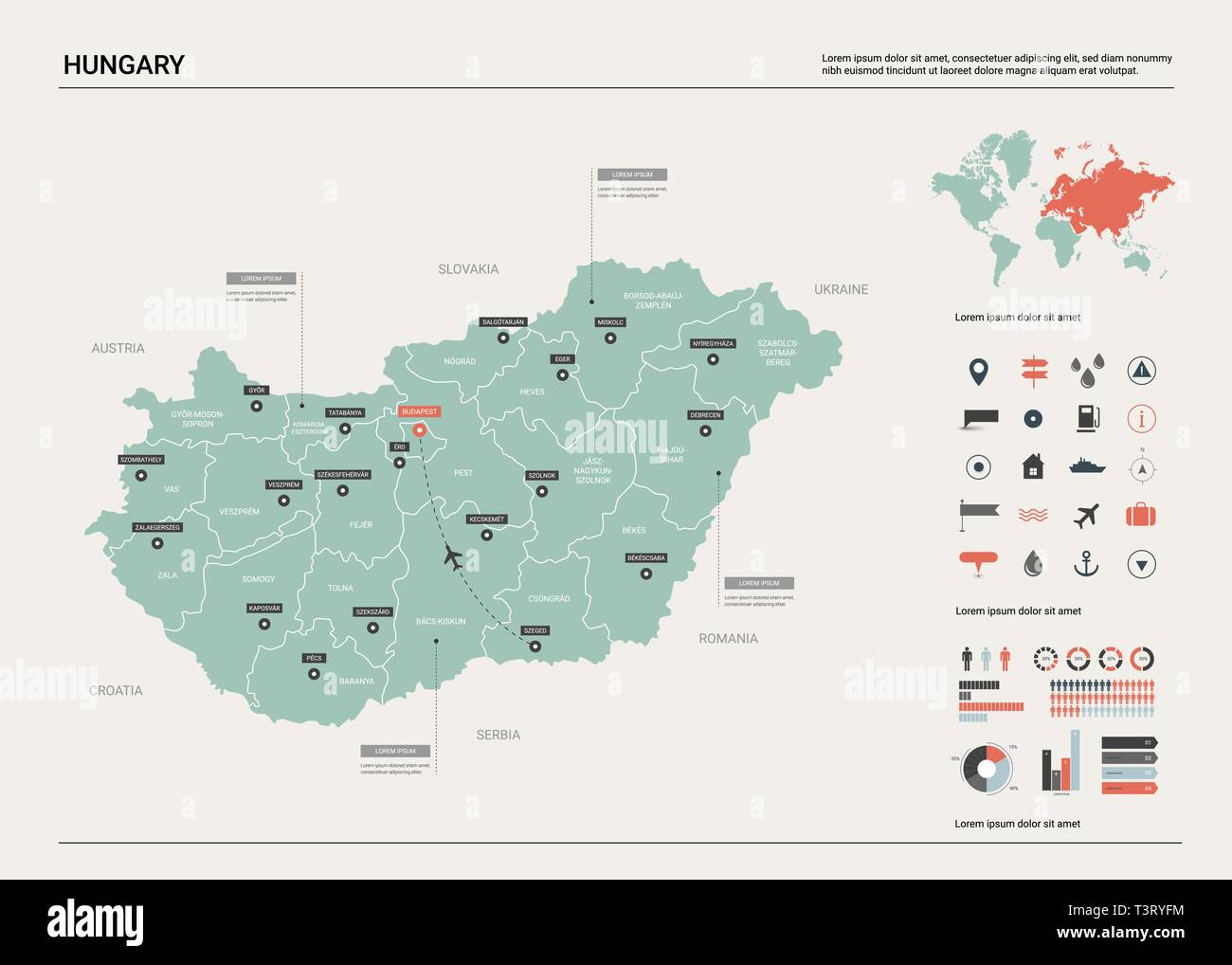 Mappa vettoriale di Ungheria. Alta dettagliata mappa del paese con la divisione, la città e la ...