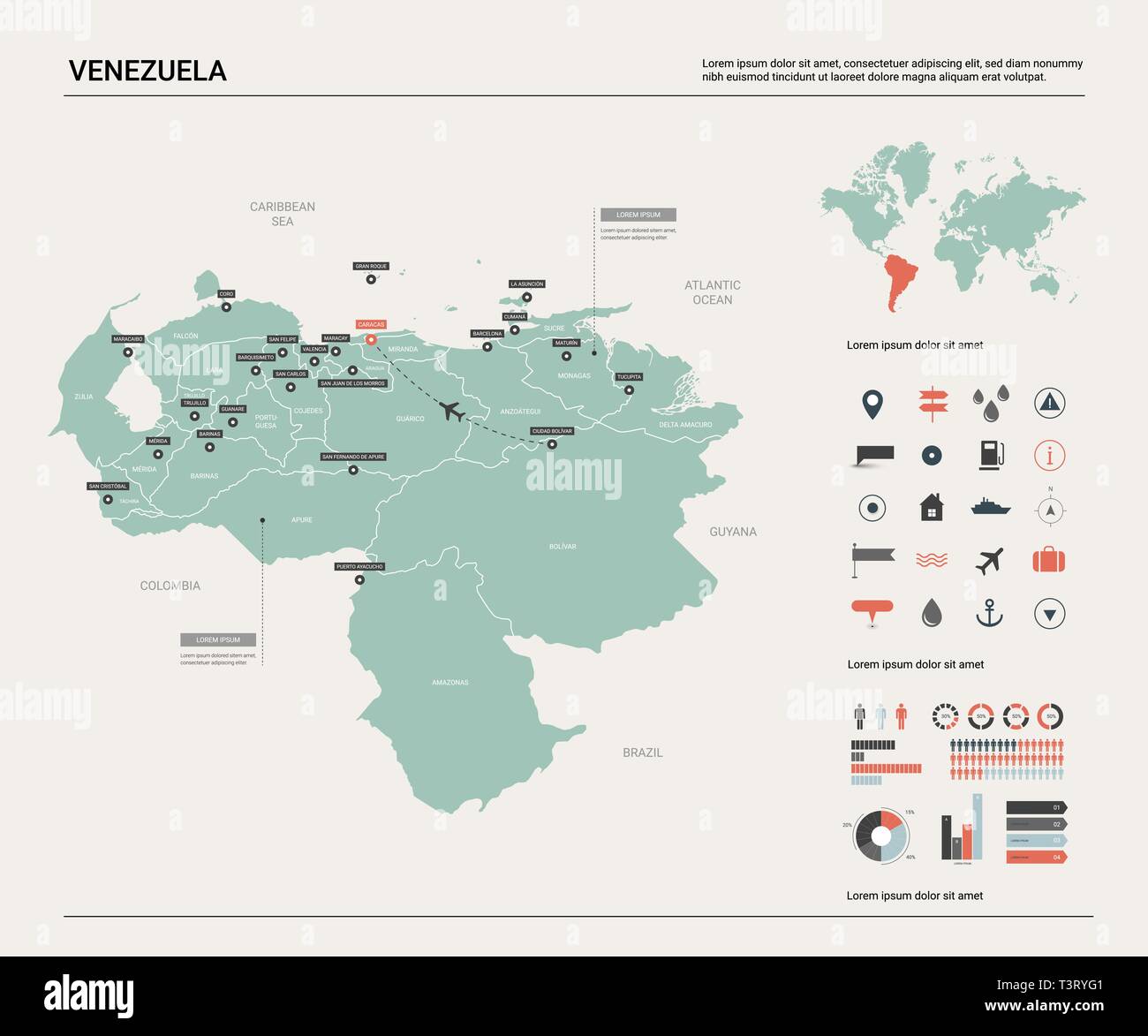Mappa vettoriale del Venezuela. Alta dettagliata mappa del paese con la ...