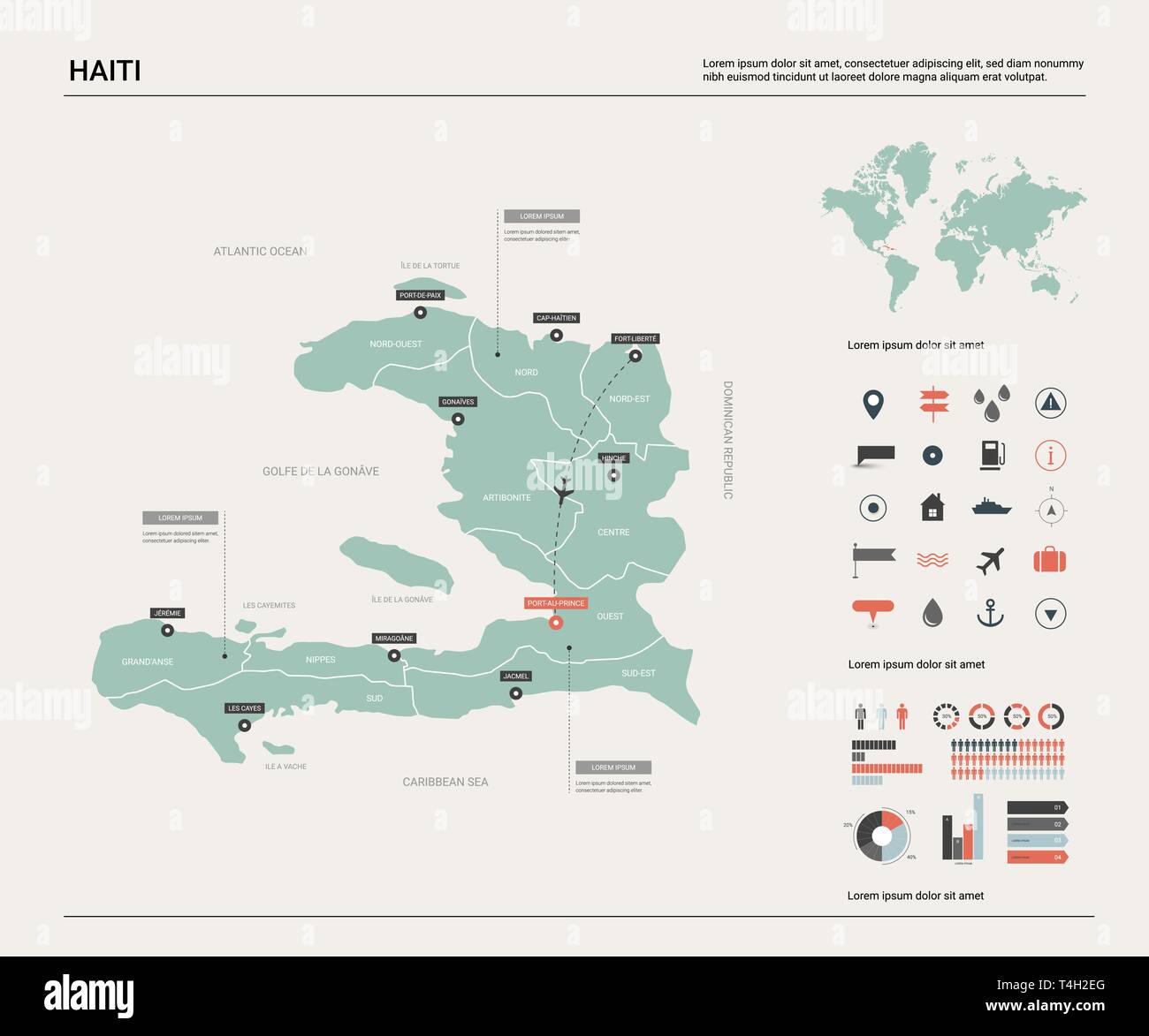 Mappa vettoriale di Haiti. Alta dettagliata mappa del paese con la ...