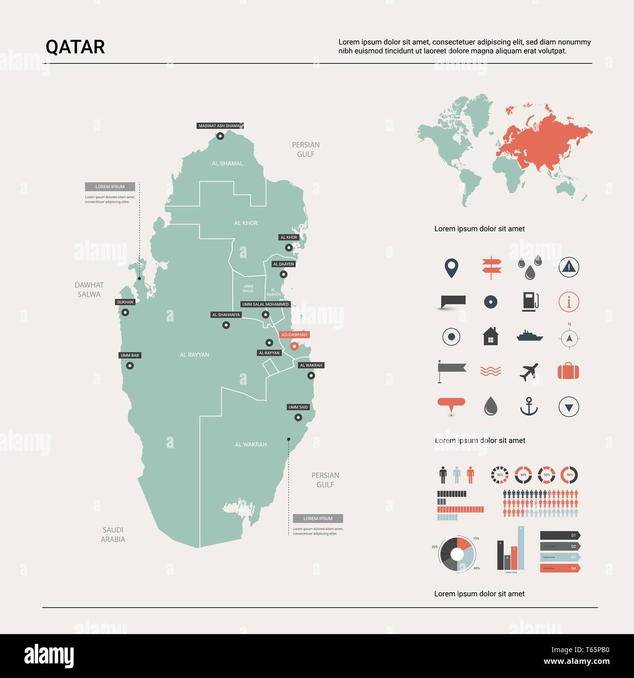 Mappa vettoriale del Qatar. Alta dettagliata mappa del paese con la ...