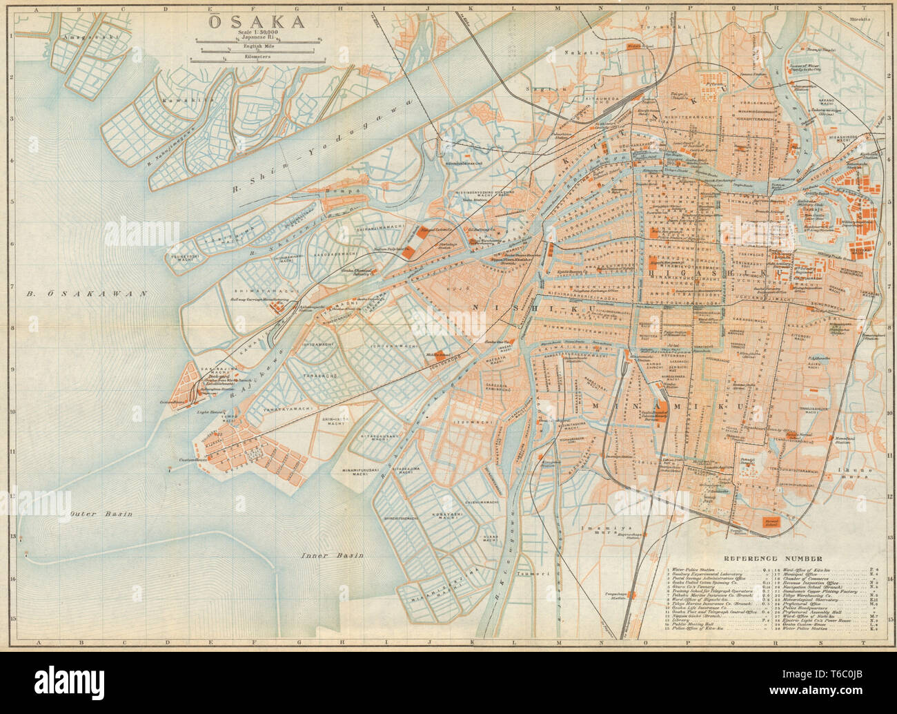 Osaka città antica pianta della città. Honshu. Giappone 1914 mappa ...