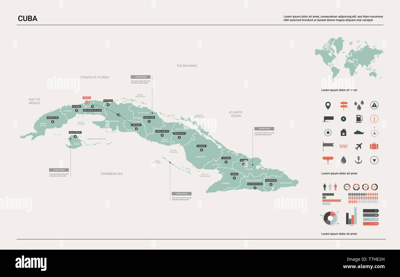Mappa vettoriale di Cuba. Alta dettagliata mappa del paese con la ...