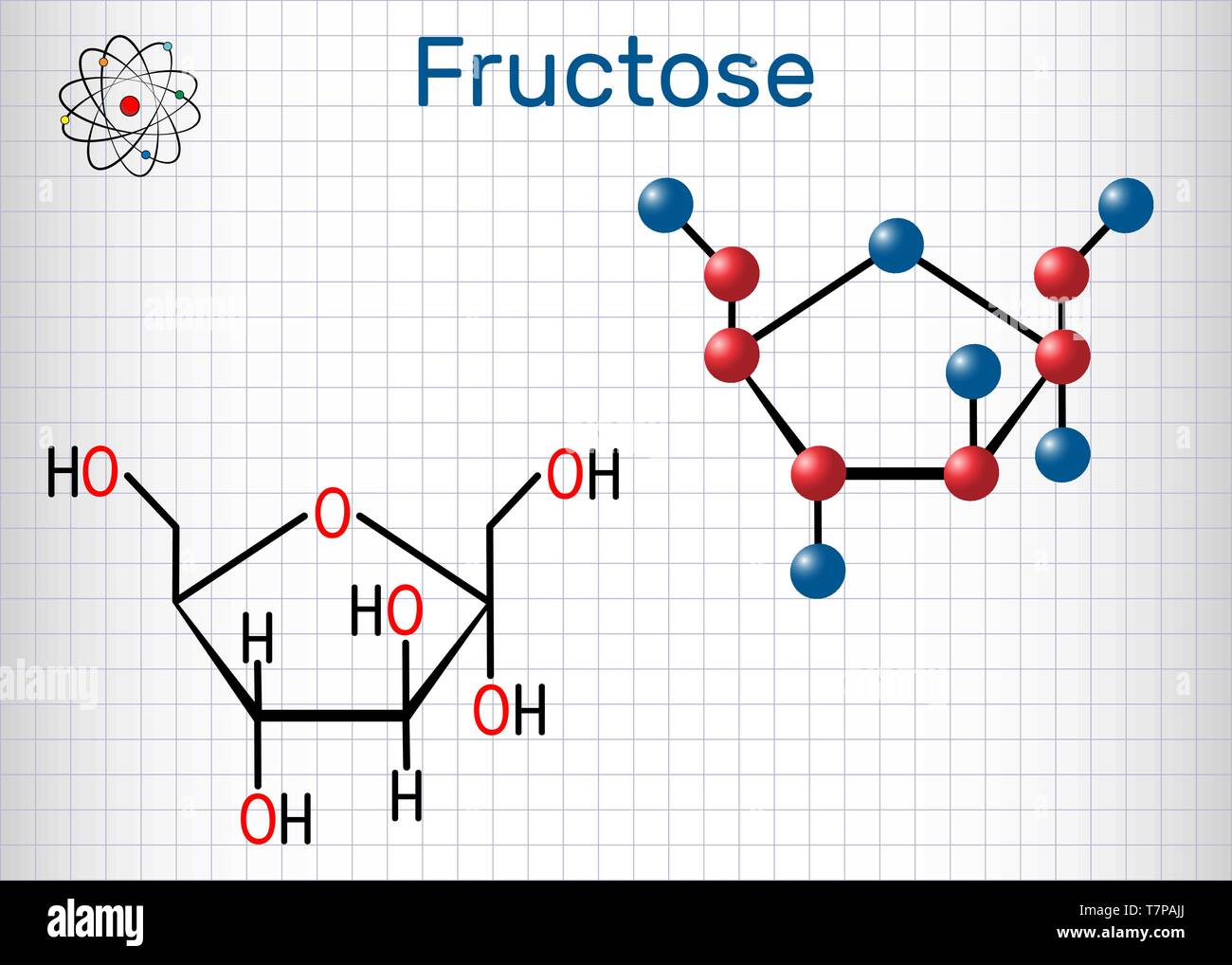 Il fruttosio, alfa-D-fruttofuranosio molecola. Forma ciclica. Formula ...