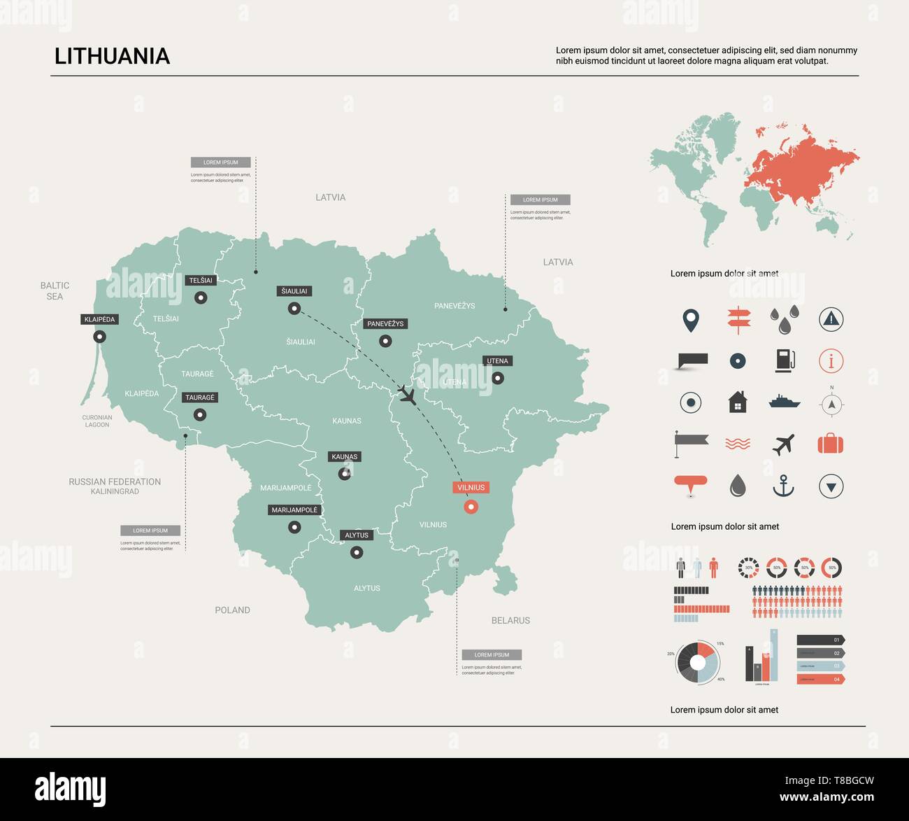 Mappa vettoriale della Lituania. Alta dettagliata mappa del paese con ...