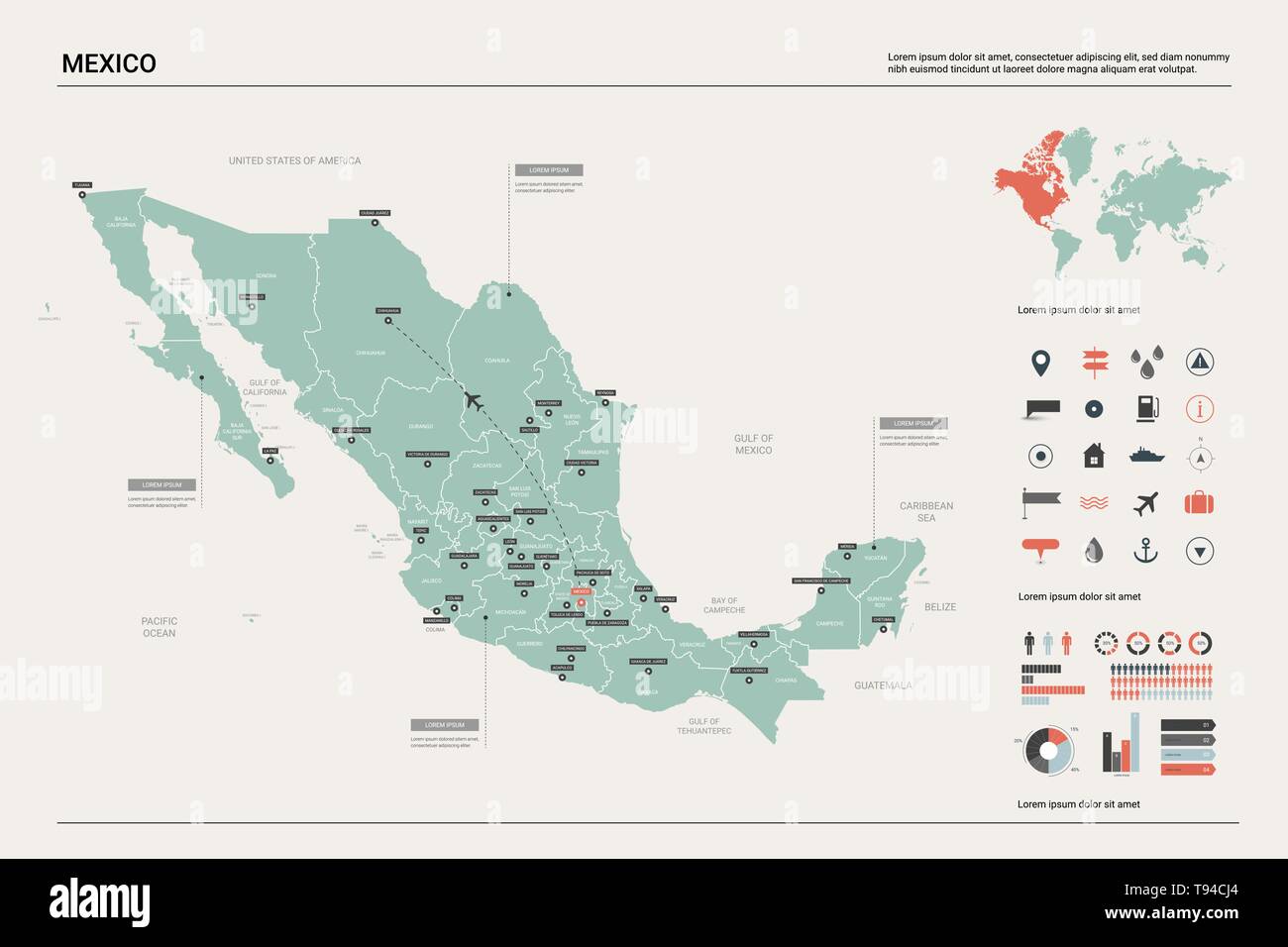 Mappa vettoriale del Messico. Mappa del paese con la divisione, la ...