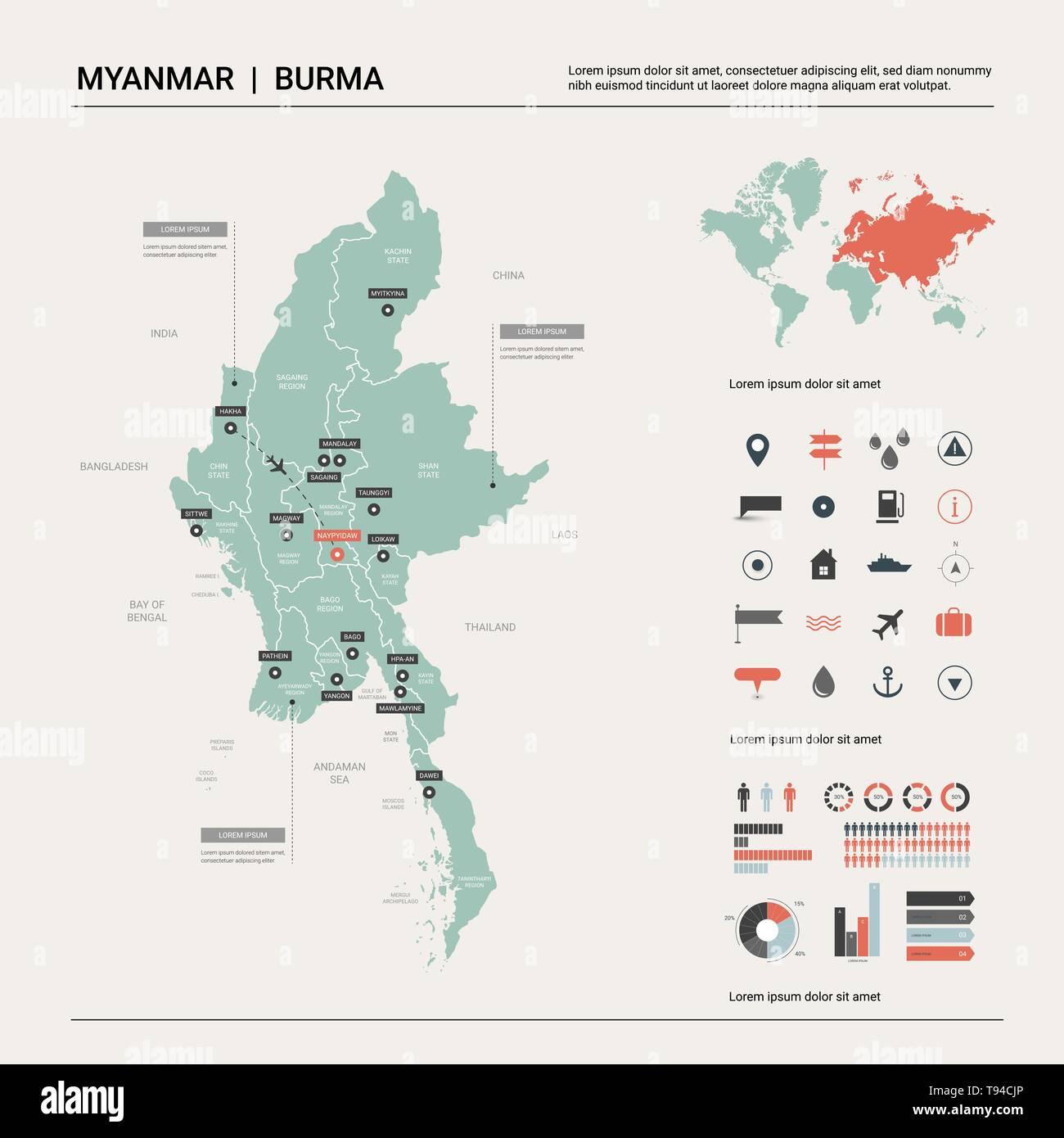 Mappa vettoriale di Myanmar. Mappa del paese con la divisione, la città ...