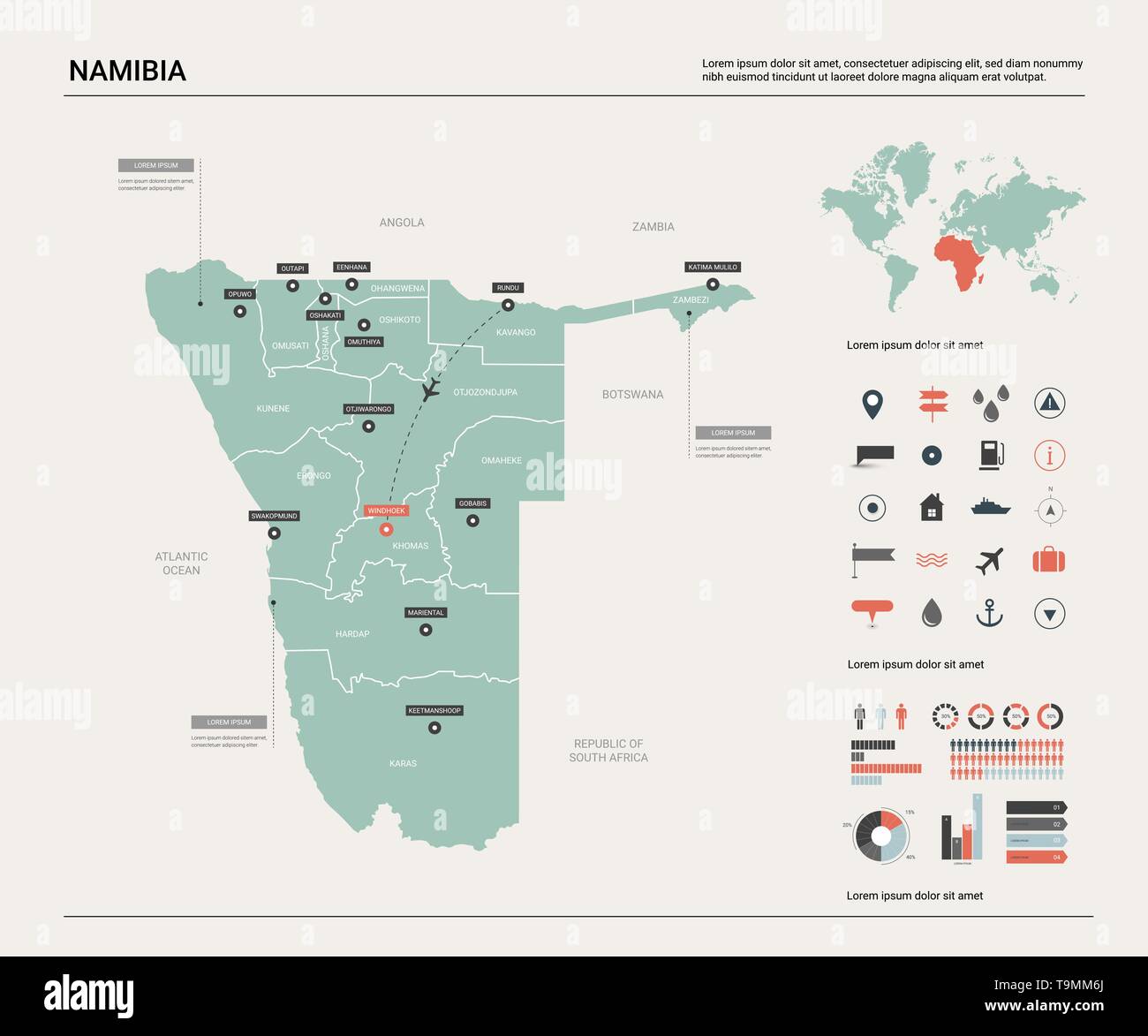 Mappa vettoriale della Namibia. Mappa del paese con la divisione, la ...