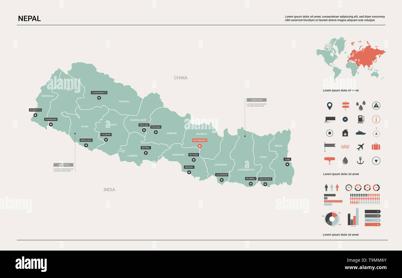 Mappa vettoriale del Nepal. Mappa del paese con la divisione, la città ...
