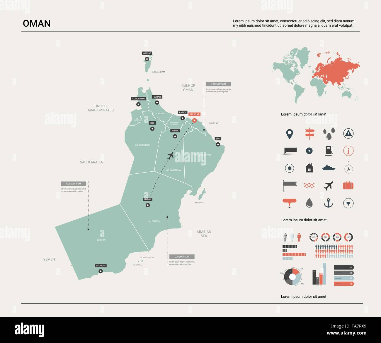 Mappa vettoriale di Oman. Mappa del paese con la divisione, la città e ...