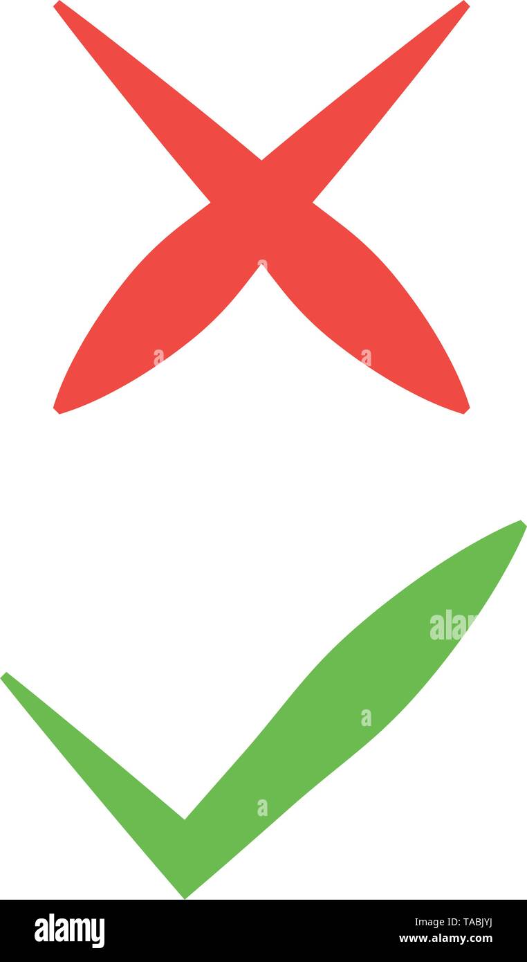 Tick e segni di croce. Il segno di spunta verde OK e una X rossa icone ...