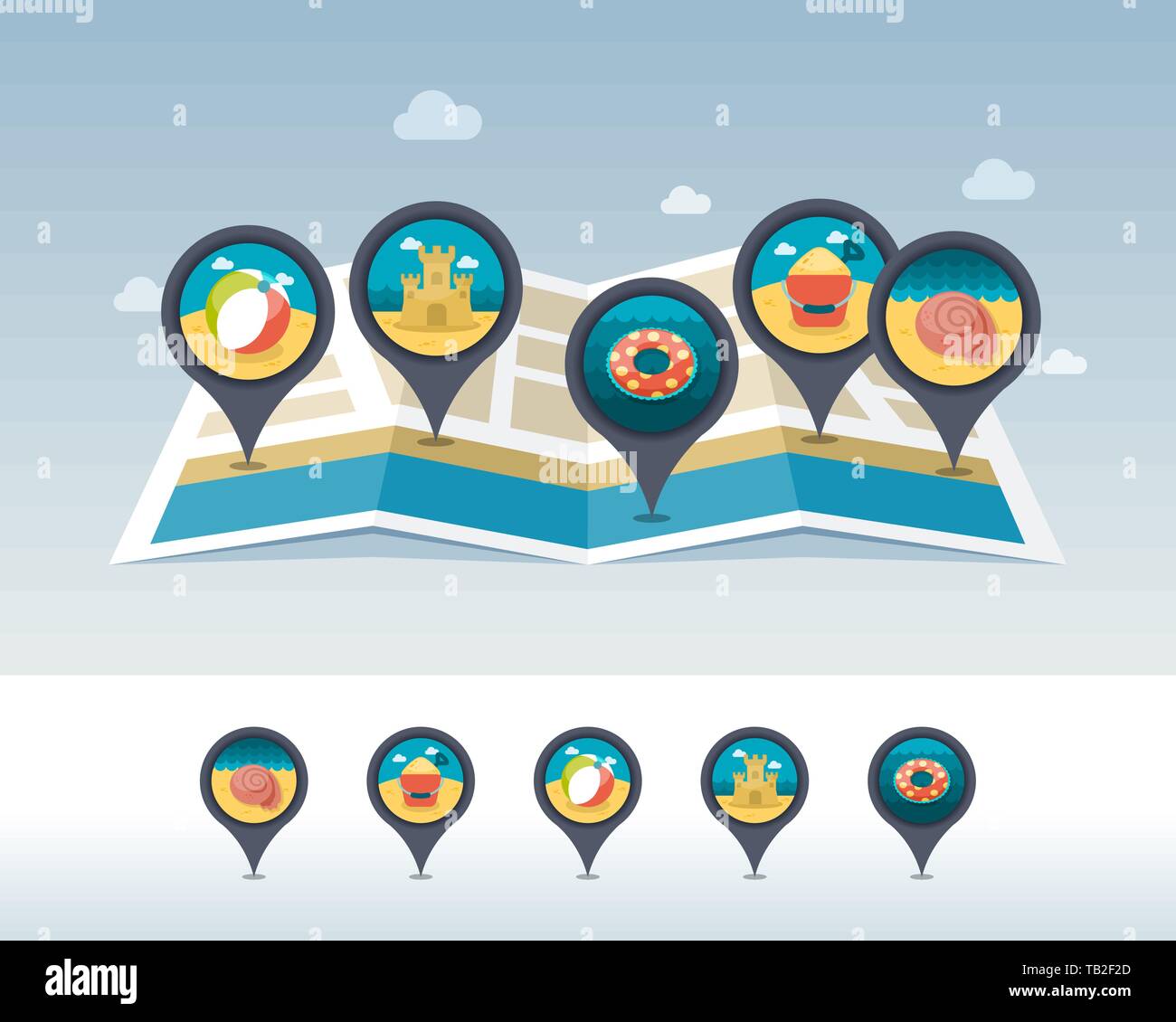 Palla spiaggia, Sandcastle, cerchio, il Seashell, pala e il perno della ...