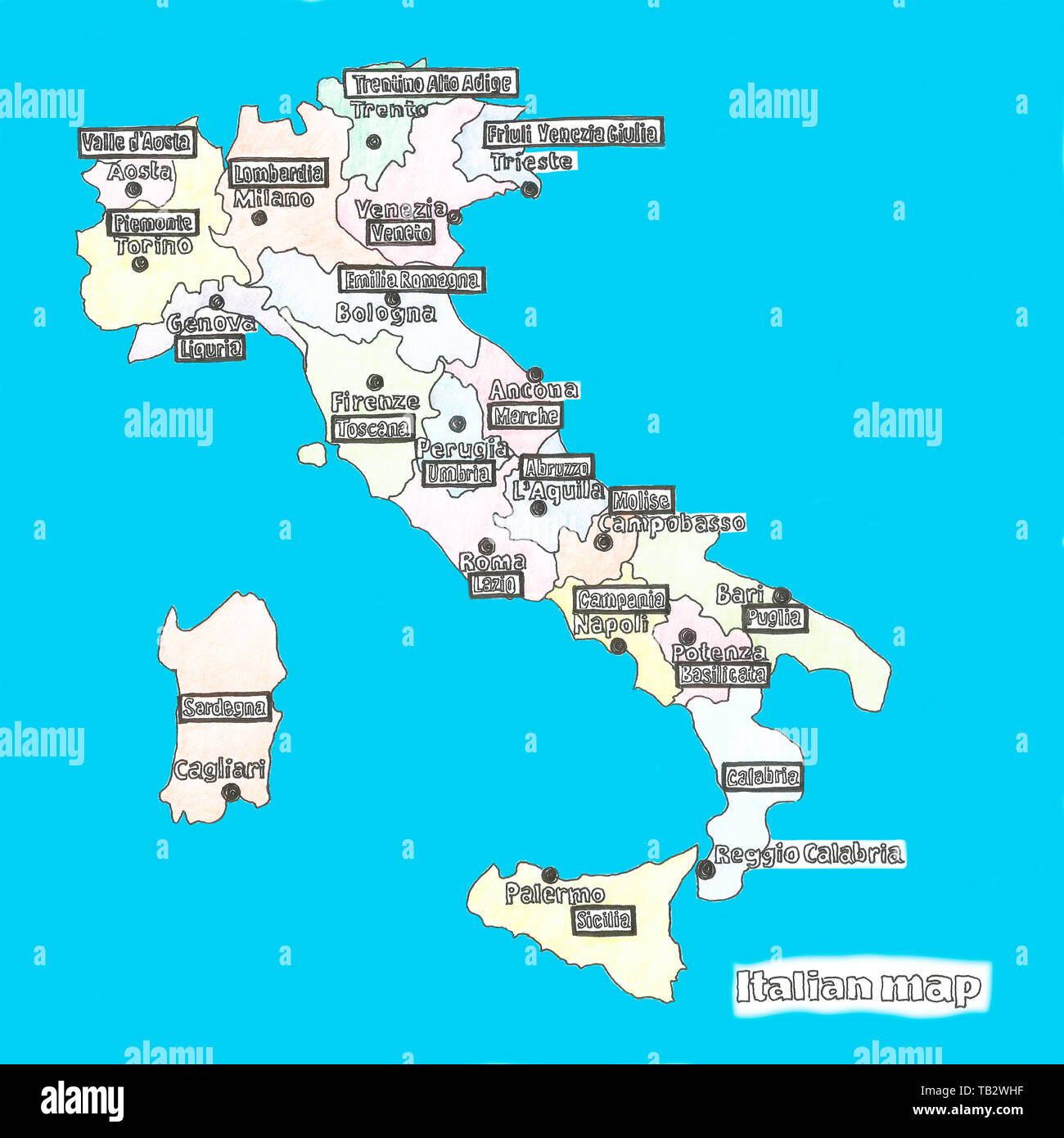 Mappa dell'Italia. Illustrazione luminoso con la mappa. Illustrazione ...