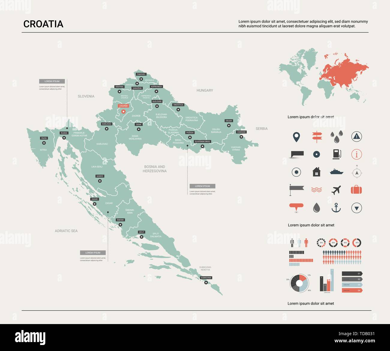 Mappa vettoriale della Croazia. Mappa del paese con la divisione, la ...