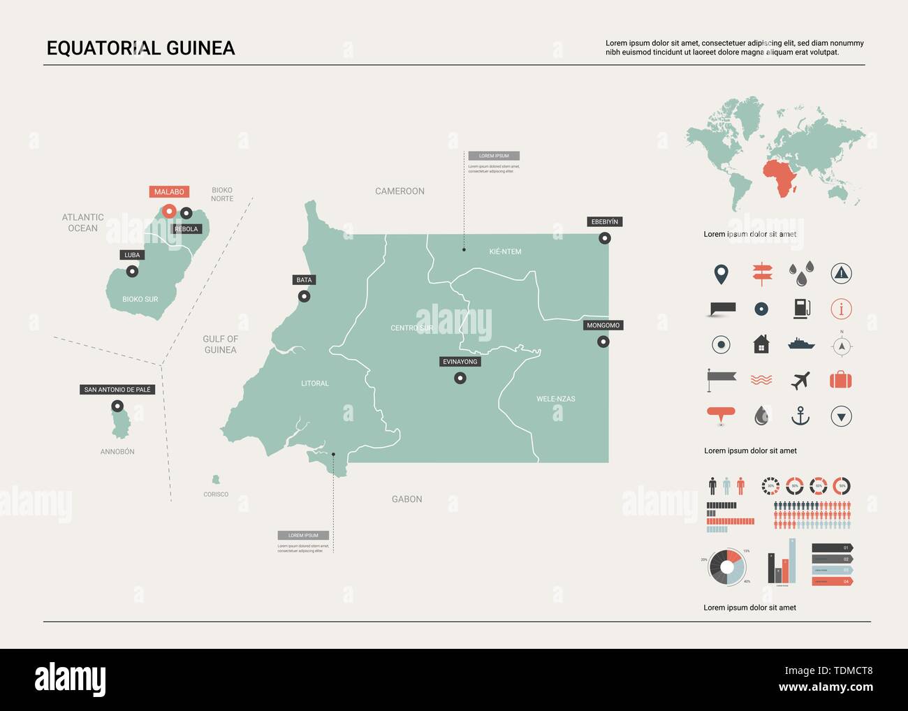 Mappa vettoriale della Guinea equatoriale. Mappa del paese con la ...