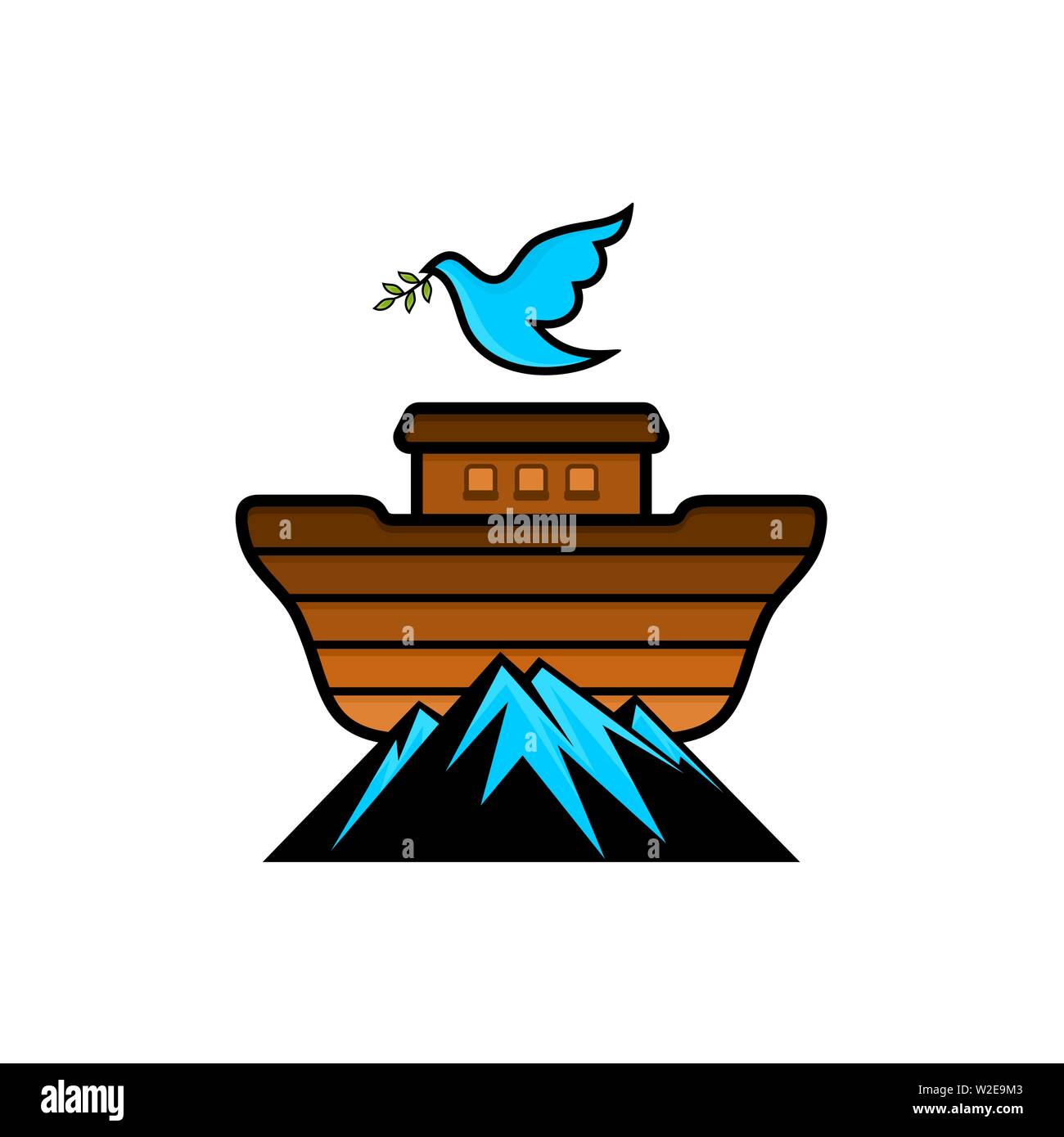 Logo dell'arca di Noè sulla cima della montagna. Colomba con un ramo di ...