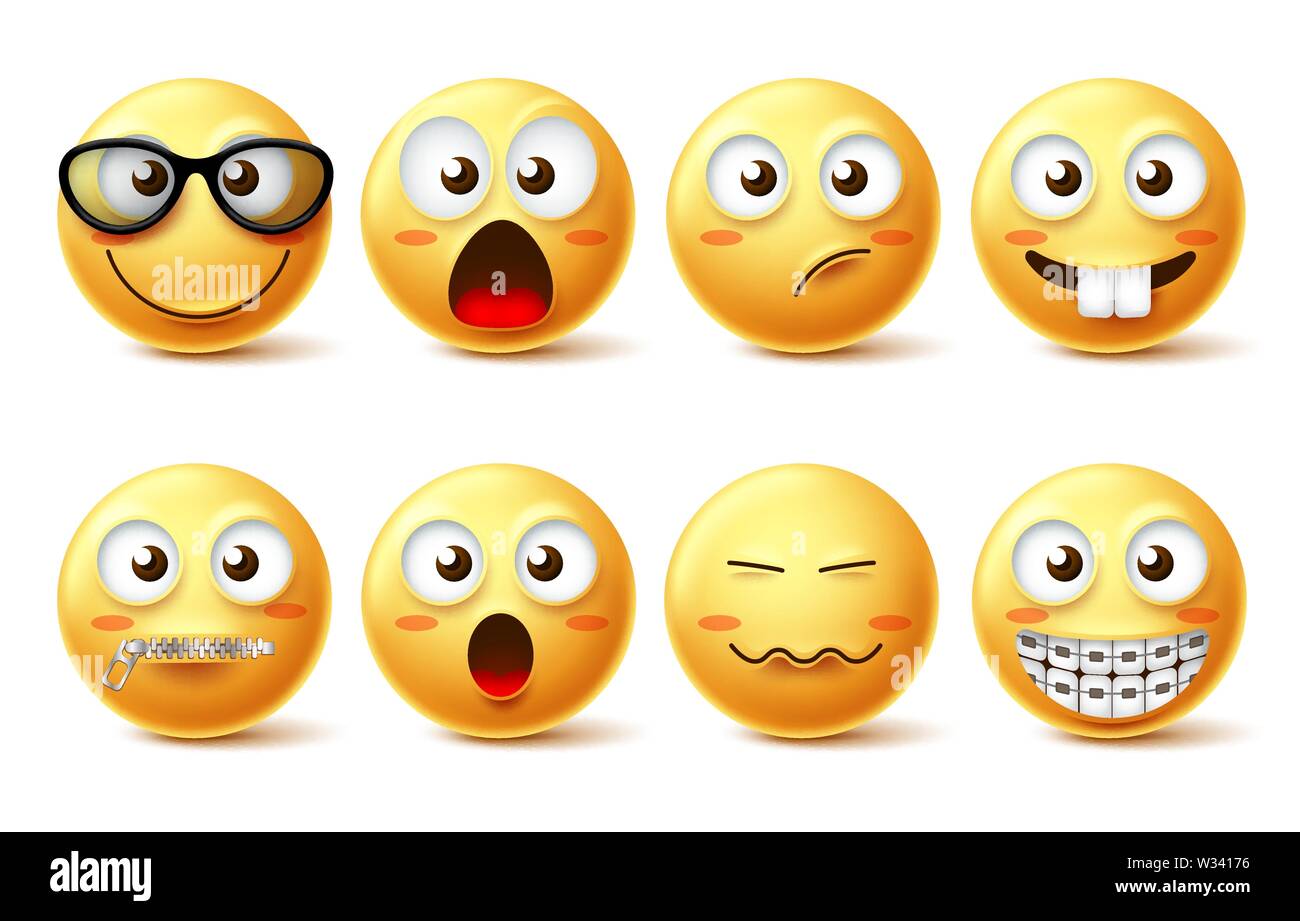 Smiley face icona vettore set. Smiley emoticon divertenti con occhiali ...