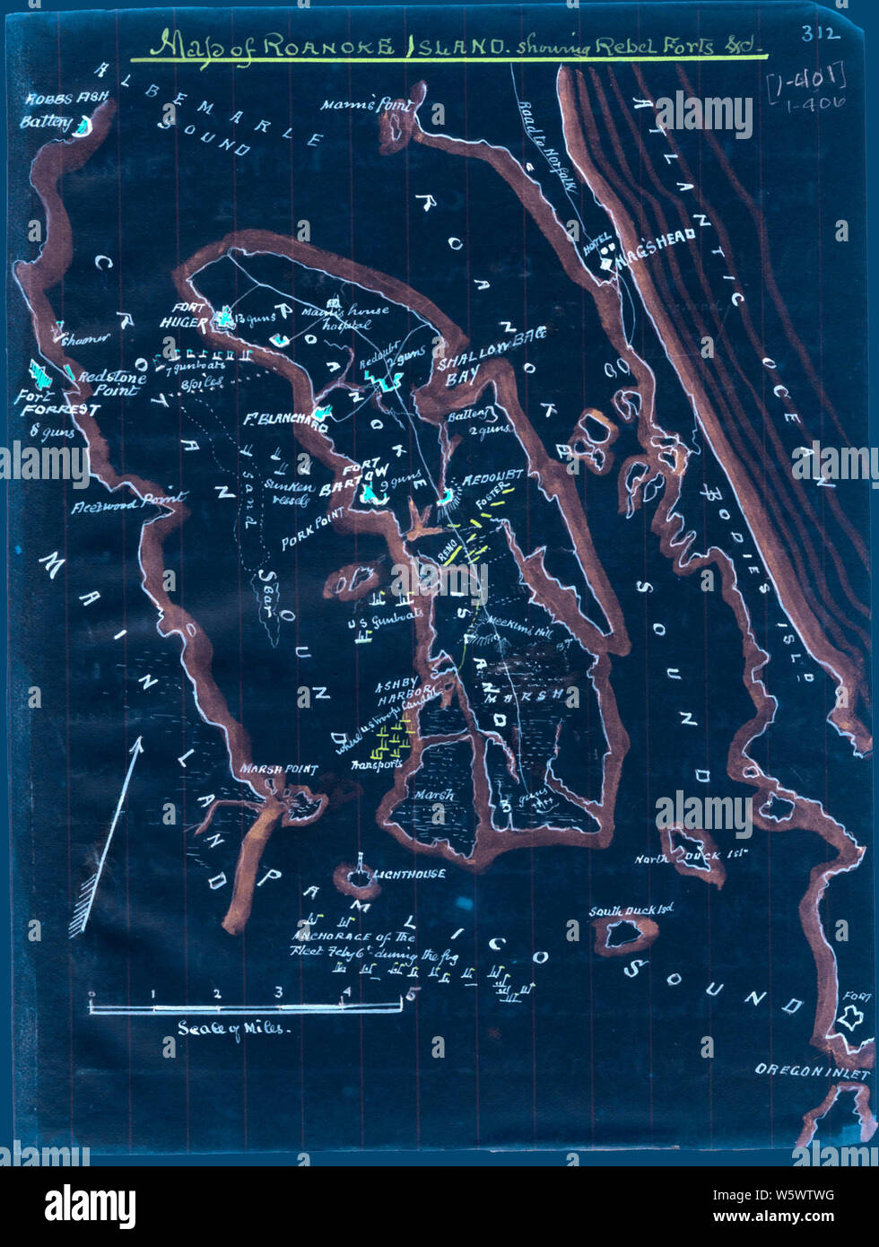 La guerra civile mappe 0793 Mappa di Isola Roanoke che mostra forti ...