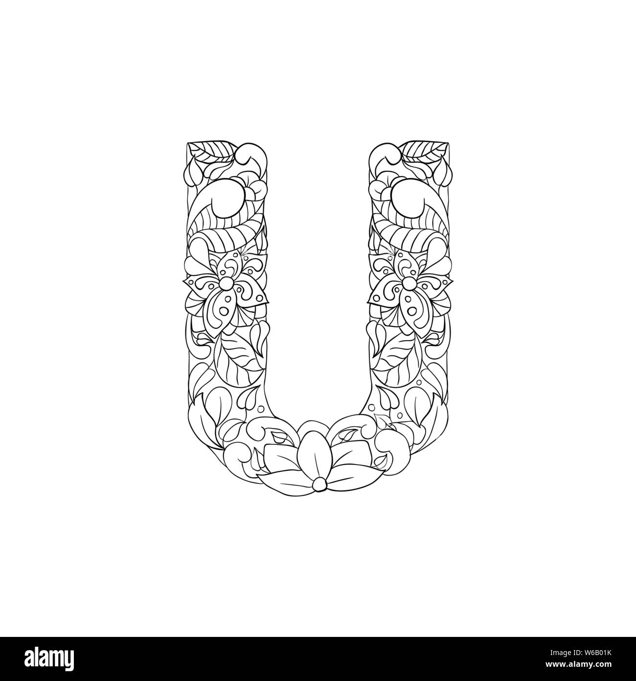 Libro da colorare floreali alfabeto ornamentali, Lettera iniziale U ...