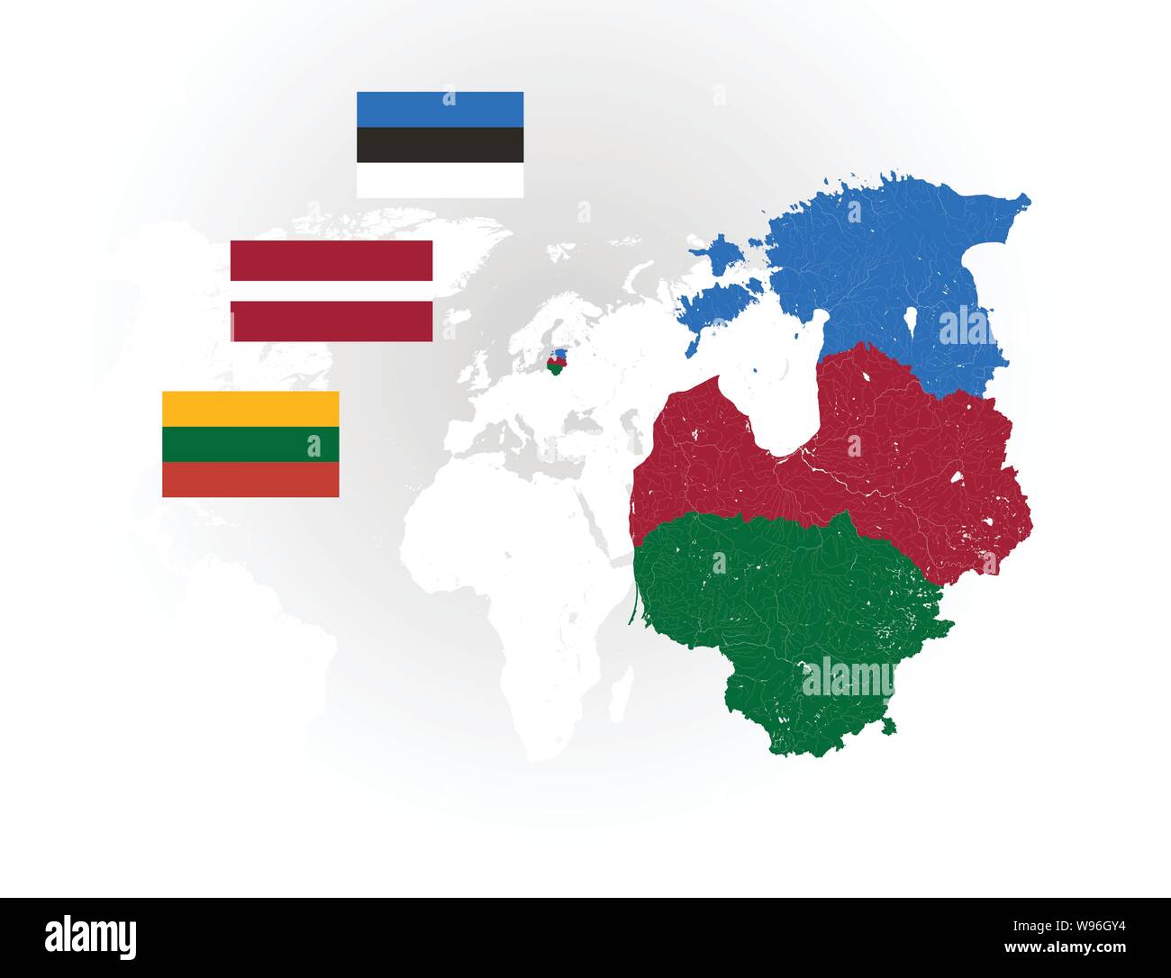 Mappa degli stati baltici con fiumi e laghi, bandiere nazionali degli ...