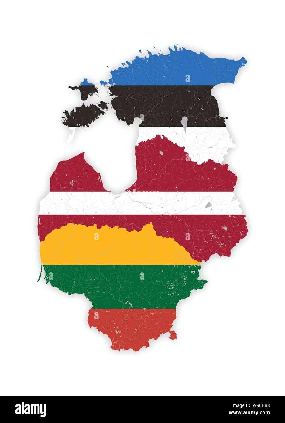 Mappa degli stati baltici con laghi e fiumi in colori delle bandiere ...